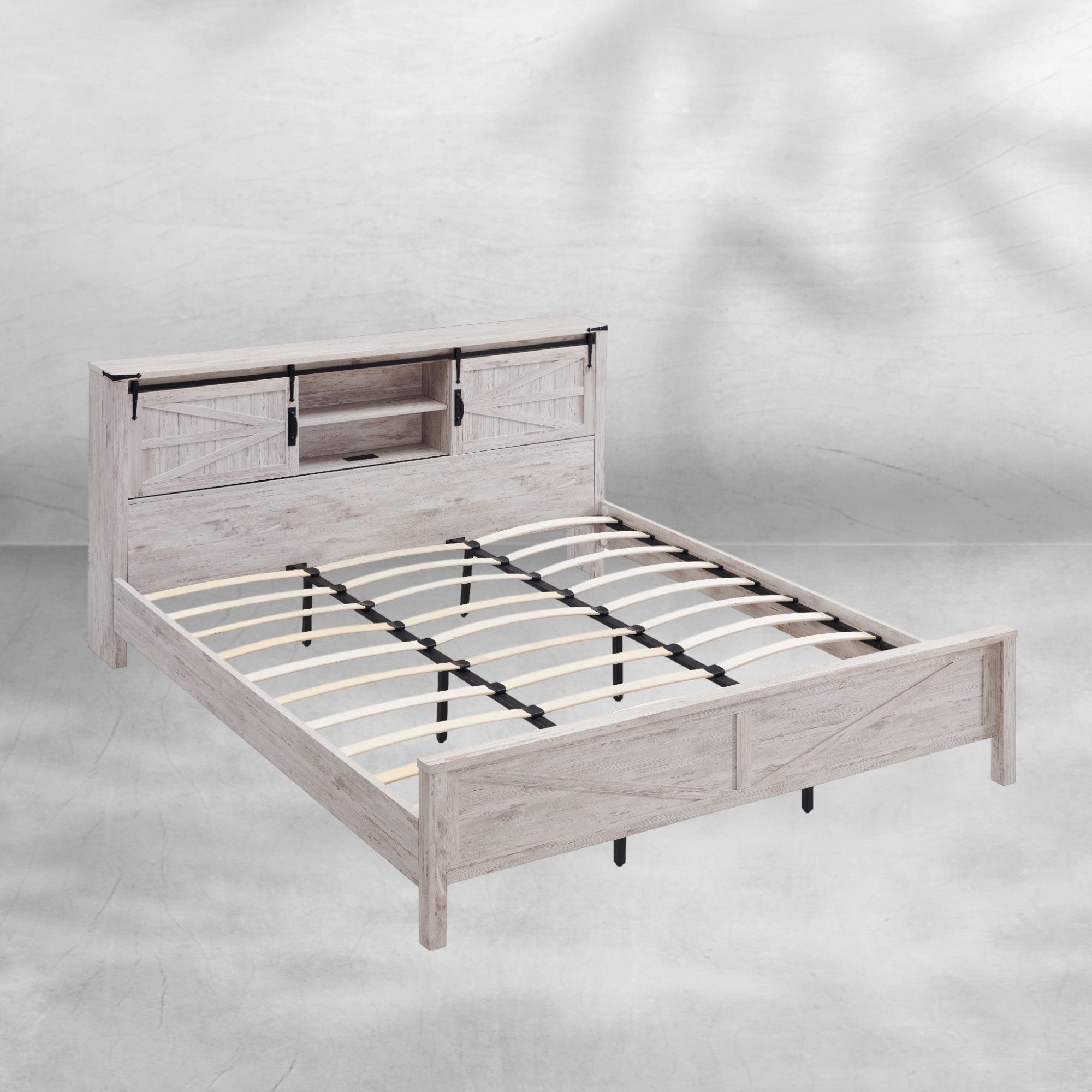 Rustic Farmhouse King Bed Frame with Bookcase Headboard and Charging S